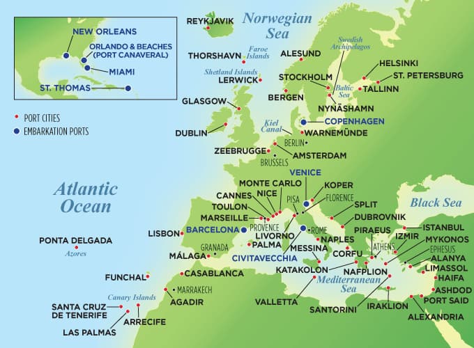 Mapa de cruceros europeos - Ciudades portuarias y mapa de puertos de ...