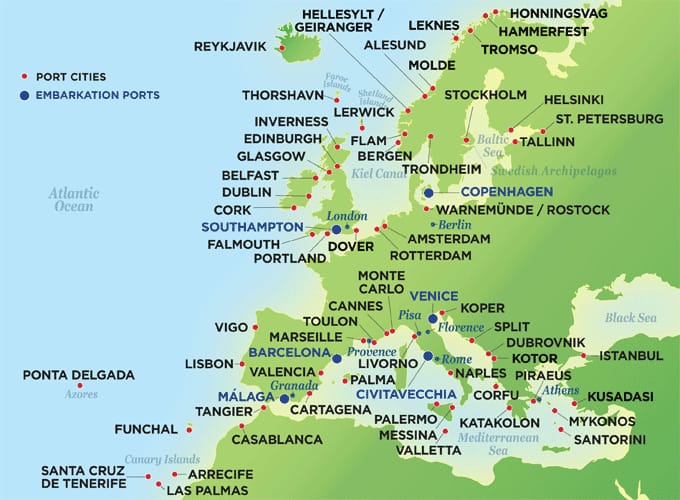 Mapa de cruceros europeos - Ciudades portuarias y mapa de puertos de ...